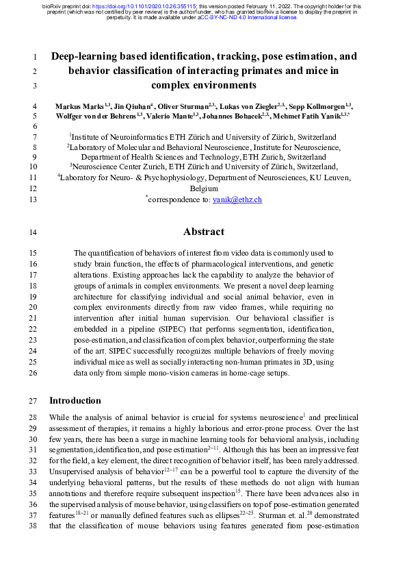 Pdf Deep Learning Based Identification Tracking Pose Estimation And Behavior Classification