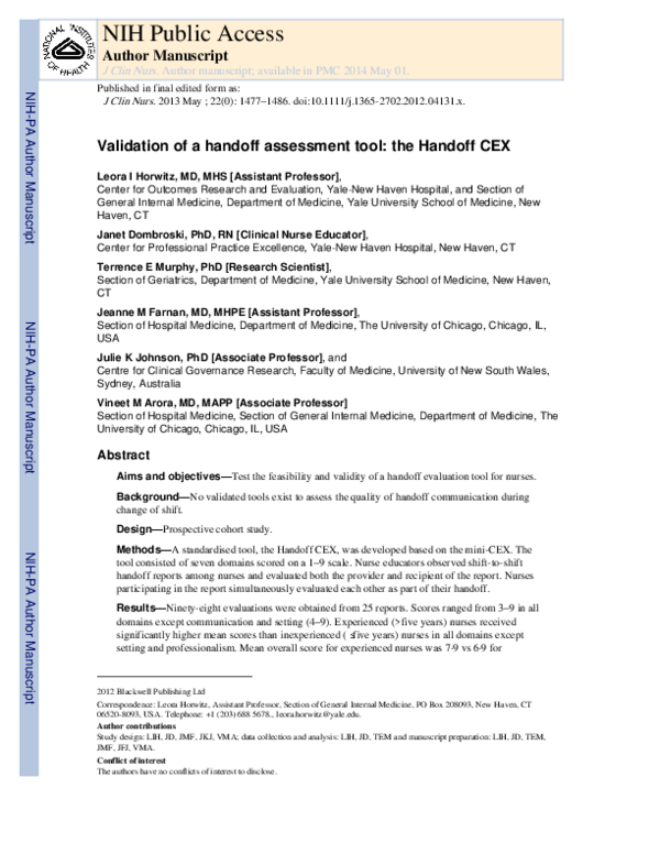 (PDF) Validation of a handoff assessment tool: the Handoff CEX