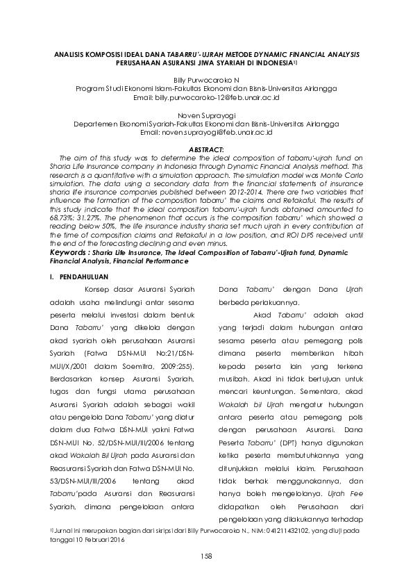(PDF) Analisis Komposisi Ideal Dana Tabarru’-Ujrah Metode Dynamic ...