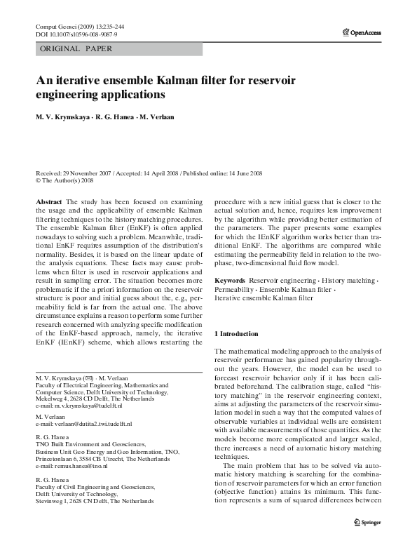 Pdf An Iterative Ensemble Kalman Filter For Reservoir Engineering Applications
