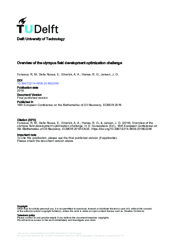 (PDF) Overview Of The Olympus Field Development Optimization Challenge