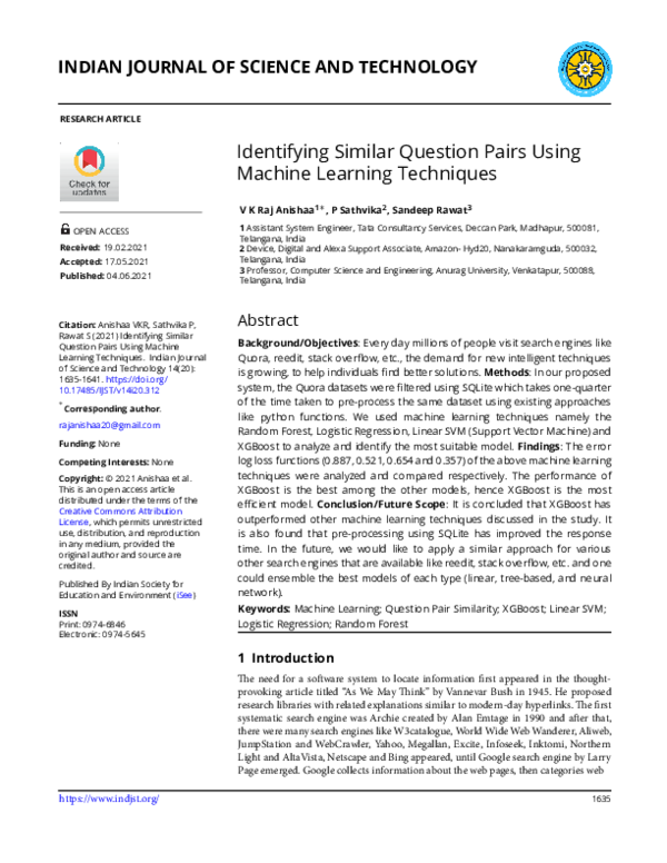 (PDF) Identifying Similar Question Pairs Using Machine Learning Techniques