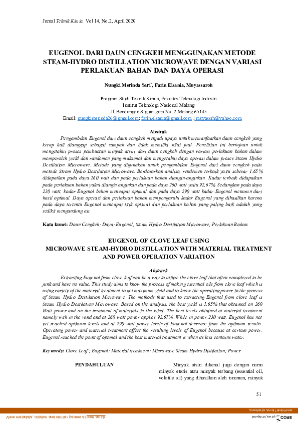 (PDF) Eugenol Dari Daun Cengkeh Menggunakan Metode Steam-Hydro Distillation Microwave Dengan ...