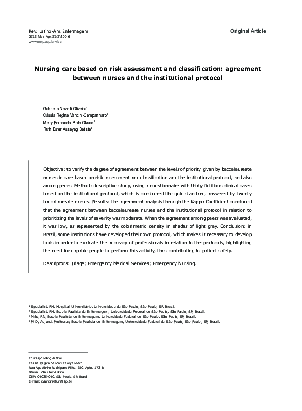 (PDF) Nursing care based on risk assessment and classification: agreement between nurses and the ...