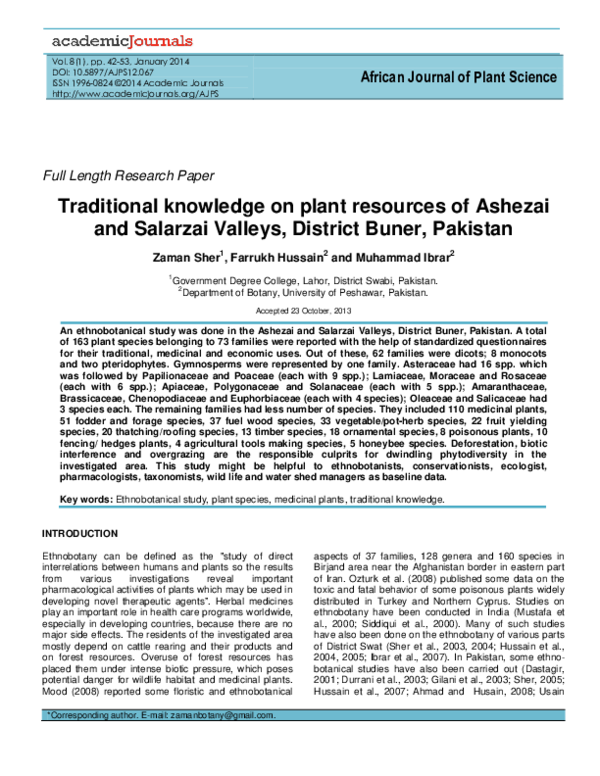 (PDF) Traditional knowledge on plant resources of Ashezai and Salarzai Valleys, District Buner ...