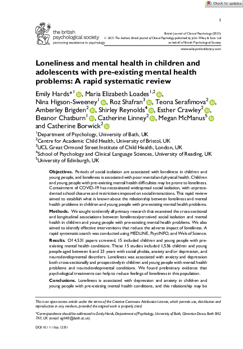 (PDF) Loneliness and mental health in children and adolescents with pre ...