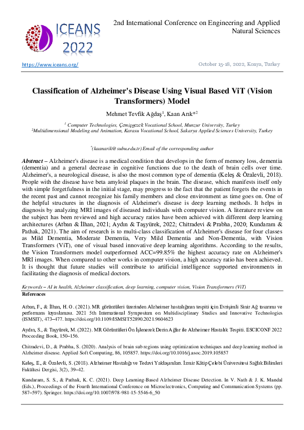(PDF) Classification of Alzheimer's Disease Using Visual Based ViT ...