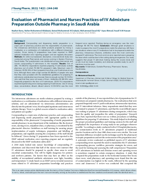 (PDF) Evaluation of Pharmacist and Nurses Practices of IV Admixture Preparation Outside Pharmacy ...