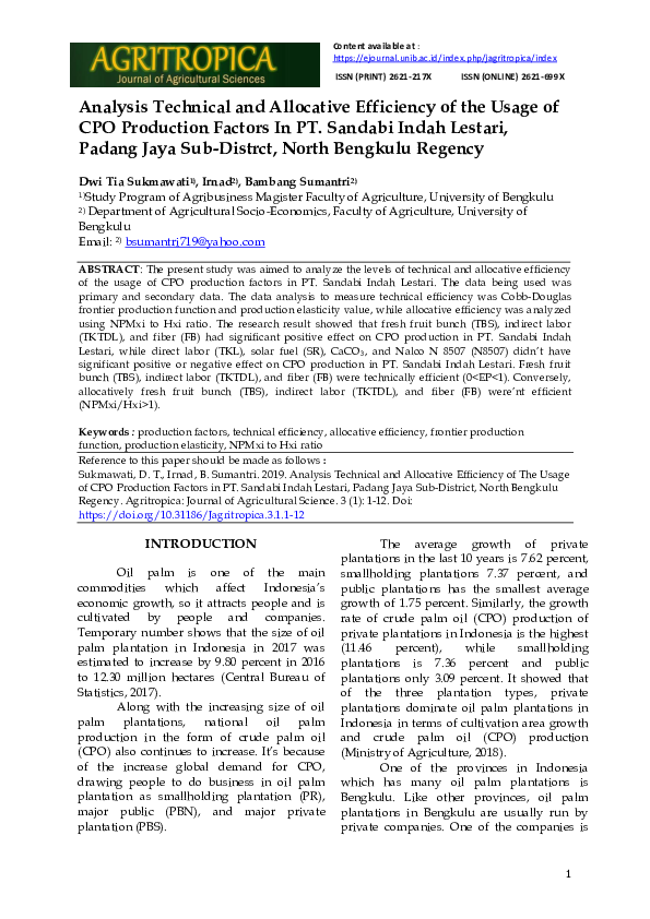 (PDF) Analysis Technical and Allocative Efficiency of the Usage of CPO ...