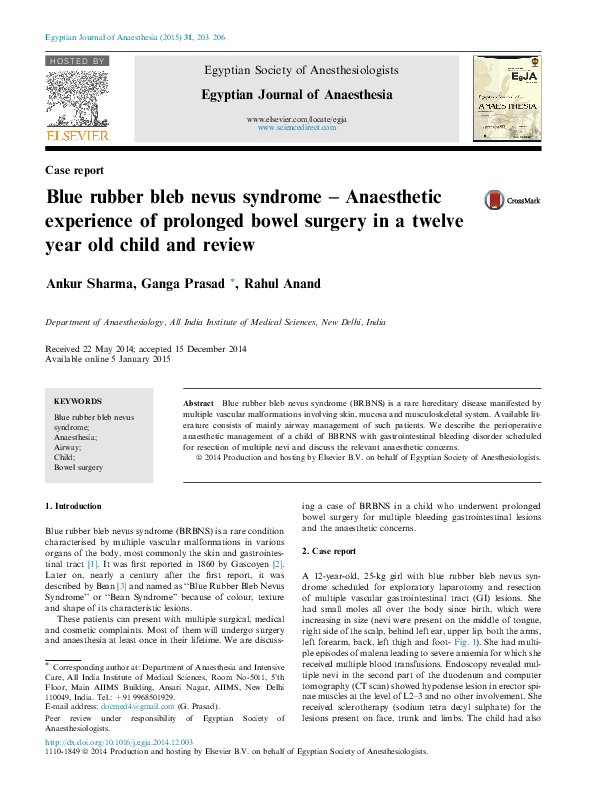 (PDF) Blue rubber bleb nevus syndrome – Anaesthetic experience of ...