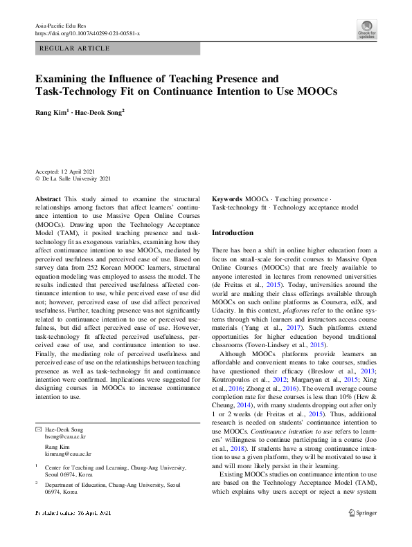 (PDF) Examining the Influence of Teaching Presence and Task-Technology ...