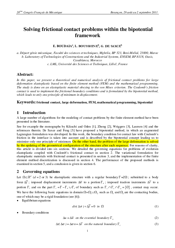 Pdf Solving Frictional Contact Problems Within The Bipotential