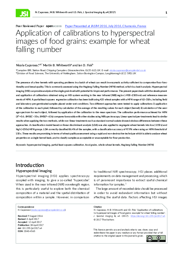 (PDF) Application of calibrations to hyperspectral images of food grains: example for wheat ...