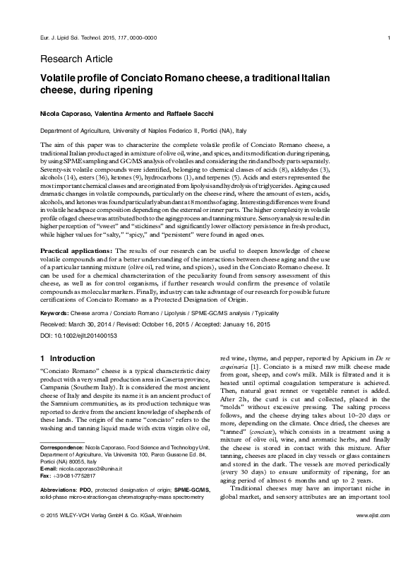 (PDF) Volatile profile of Conciato Romano cheese, a traditional Italian ...