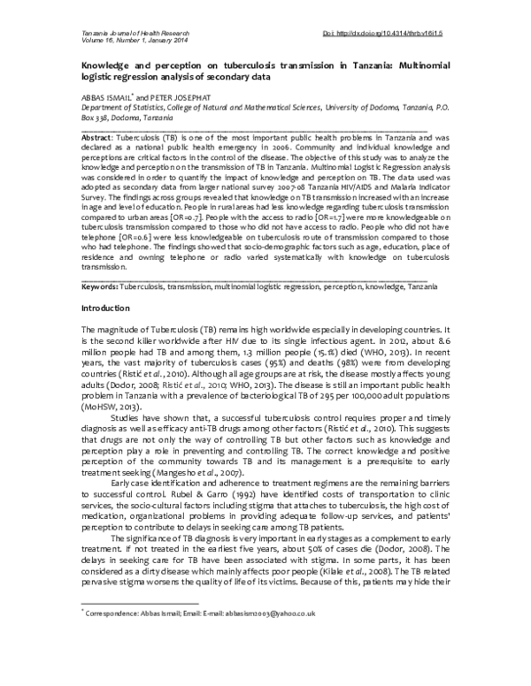 (PDF) Knowledge and perception on tuberculosis transmission in Tanzania: Multinomial logistic ...