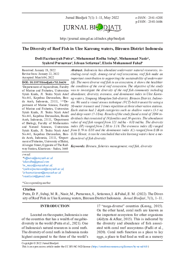 (PDF) The Diversity of Reef Fish in Ulee Kareung waters, Bireuen ...
