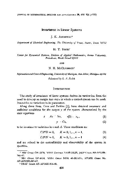 (PDF) Invariance in linear systems | Harris McClamroch - Academia.edu