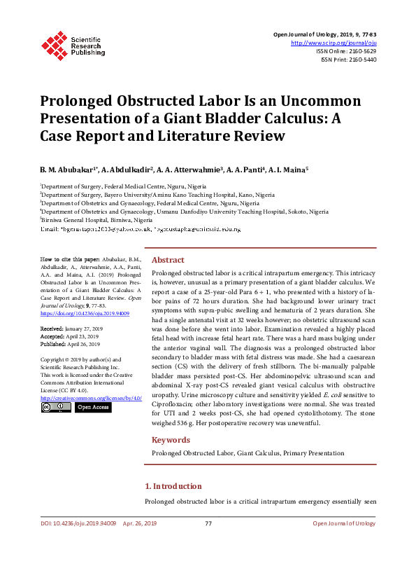 (PDF) Prolonged Obstructed Labor Is an Uncommon Presentation of a Giant Bladder Calculus: A Case ...