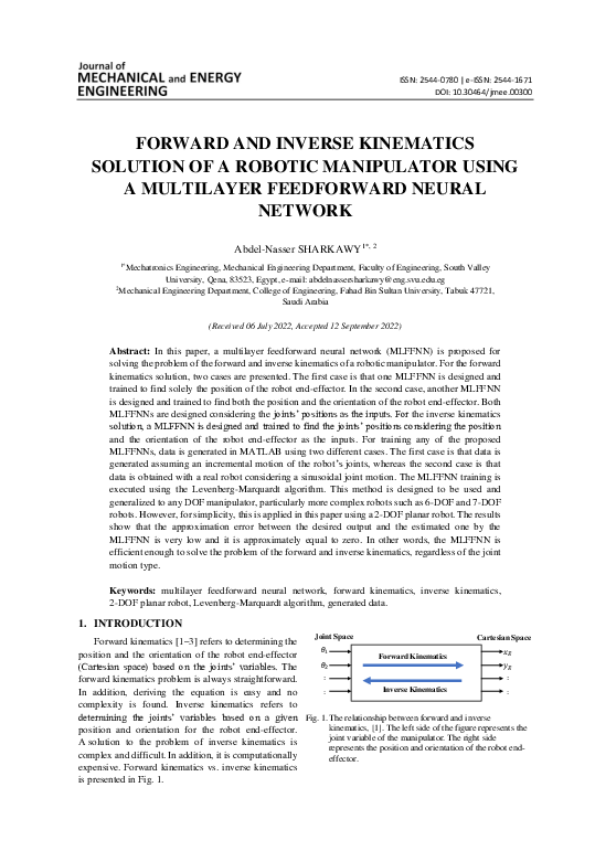 (PDF) FORWARD AND INVERSE KINEMATICS SOLUTION OF A ROBOTIC MANIPULATOR USING A MULTILAYER ...