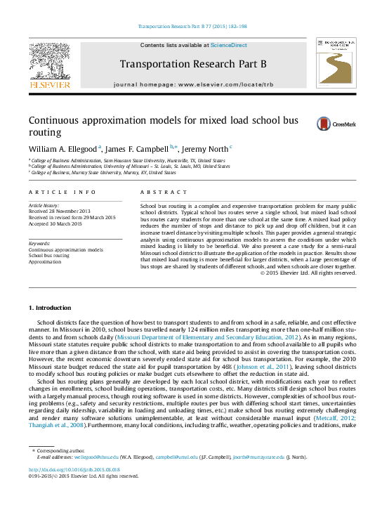 (PDF) Continuous approximation models for mixed load school bus routing