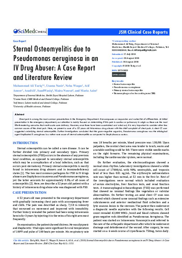 (PDF) Sternal Osteomyelitis due to Pseudomonas aeruginosa in an IV Drug ...