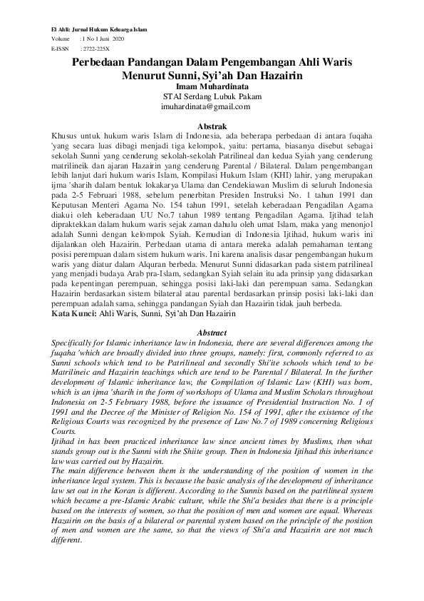 (PDF) Perbedaan Pandangan Dalam Pengembangan Ahli Waris Menurut Sunni, Syi’ah Dan Hazairin