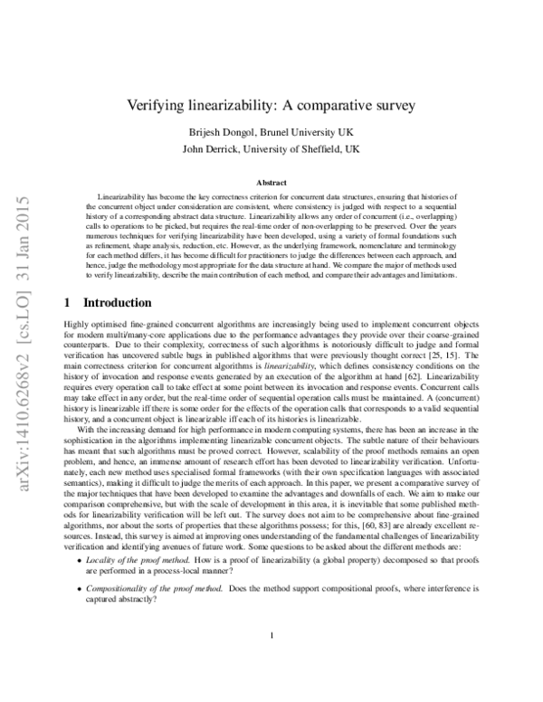 (PDF) Verifying linearizability: A comparative survey