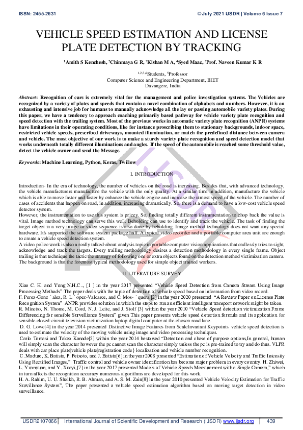 Pdf Vehicle Speed Estimation And License Plate Detection By Tracking