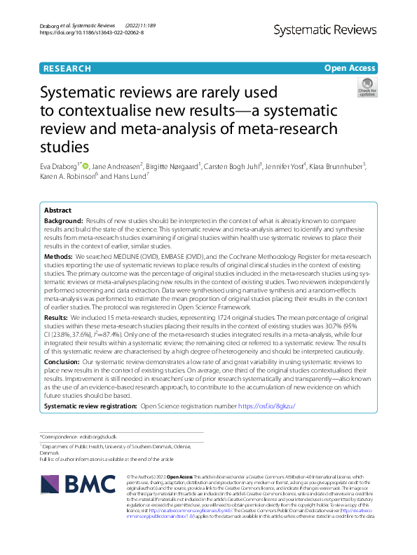 (PDF) Systematic reviews are rarely used to contextualise new results—a systematic review and ...