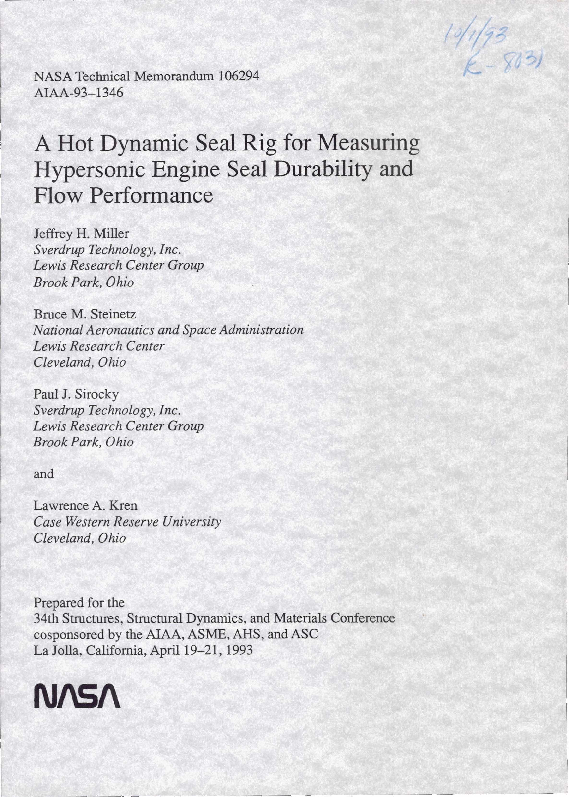 (PDF) A Hot Dynamic Seal Rig for Measuring Hypersonic Engine Seal ...