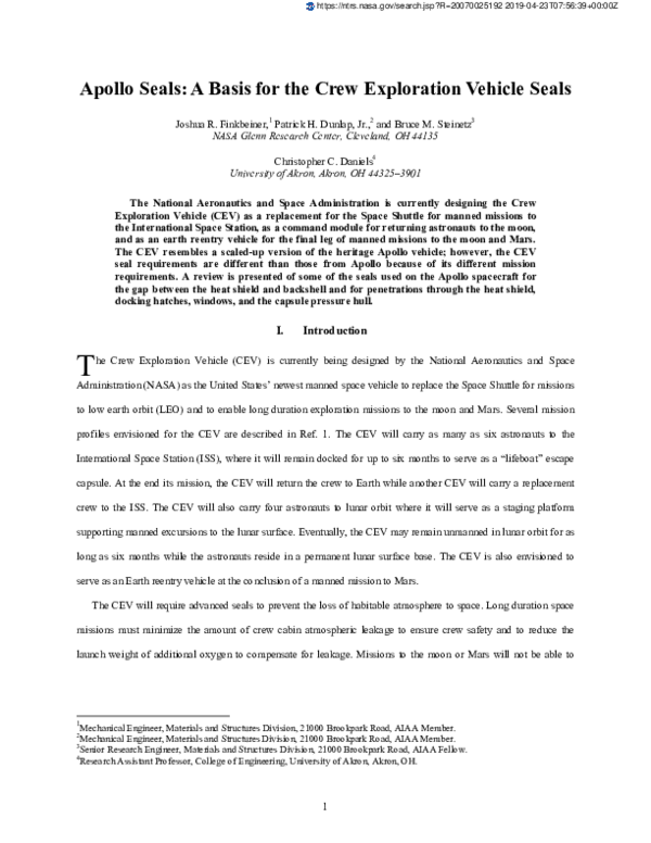 (PDF) Apollo Seals for Crew Exploration Vehicle Design