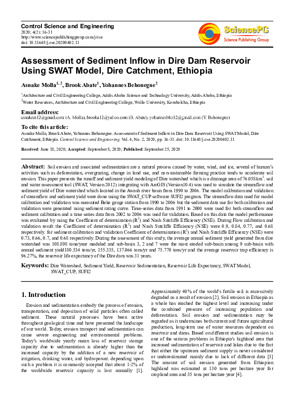 (PDF) Assessment of Sediment Inflow in Dire Dam Reservoir Using SWAT ...