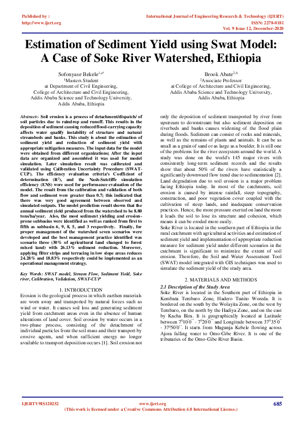 Pdf Estimation Of Sediment Yield Using Swat Model A Case Of Soke River Watershed Ethiopia