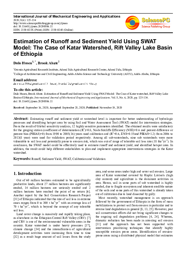 (PDF) Estimation of Runoff and Sediment Yield Using SWAT Model: The Case of Katar Watershed ...