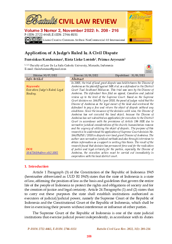 (PDF) Application of A Judge's Ruled In A Civil Dispute | Fransiskus ...
