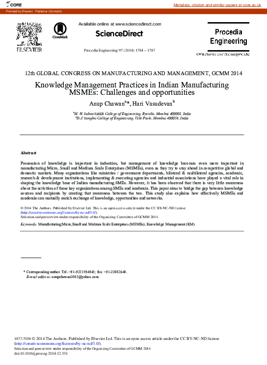 (PDF) Knowledge Management Practices in Indian Manufacturing MSMEs: Challenges and opportunities