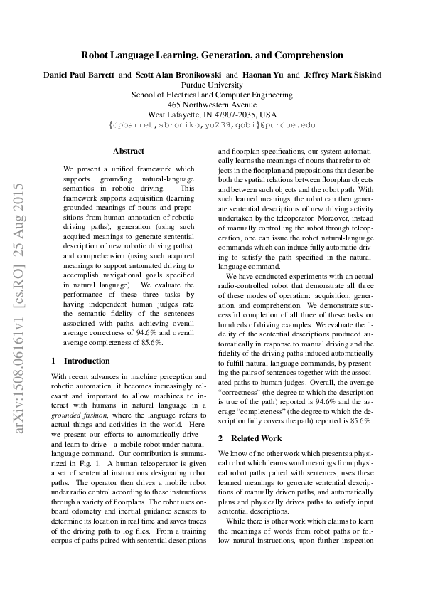 (PDF) Robot Language Learning, Generation, and Comprehension