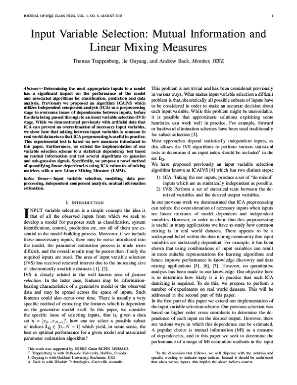 (PDF) Input variable selection: mutual information and linear mixing ... (PDF) Input variable selection: mutual information and linear mixing ...