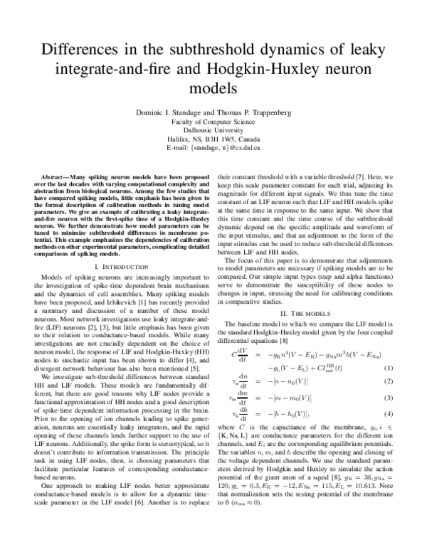 (PDF) Differences in the subthreshold dynamics of leaky integrate-and-fire and hodgkin-huxley ...