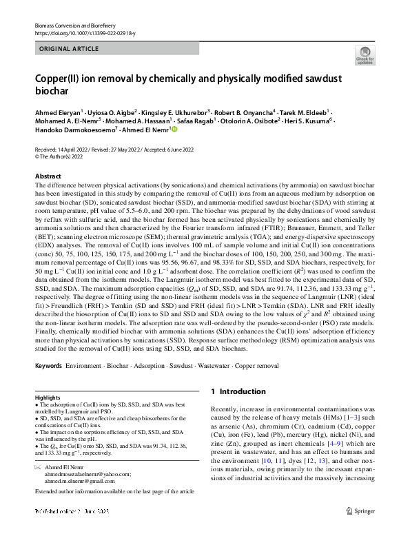 (PDF) Copper(II) ion removal by chemically and physically modified ...