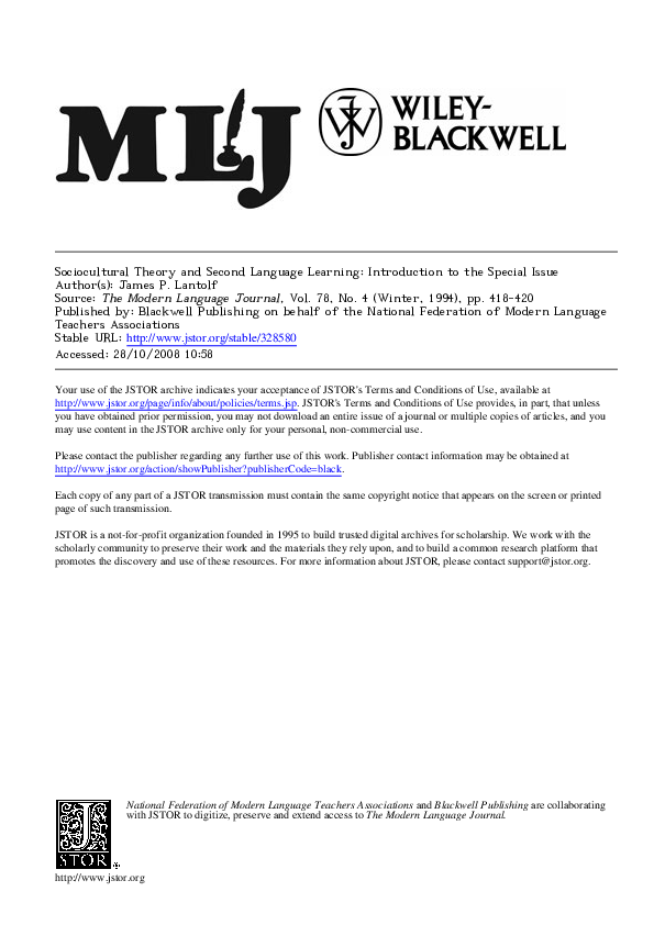 (PDF) Sociocultural Theory and Second Language Learning: Introduction to the Special Issue