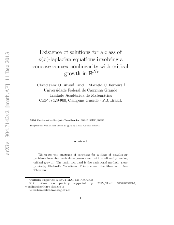 (PDF) Existence of solutions for a class of p(x)-laplacian equations involving a concave-convex ...