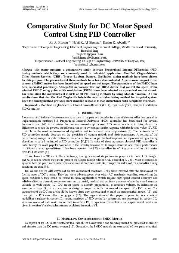 (PDF) Comparative Study for DC Motor Speed Control Using PID Controller