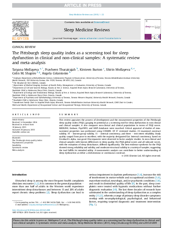 (PDF) The Pittsburgh sleep quality index as a screening tool for sleep ...