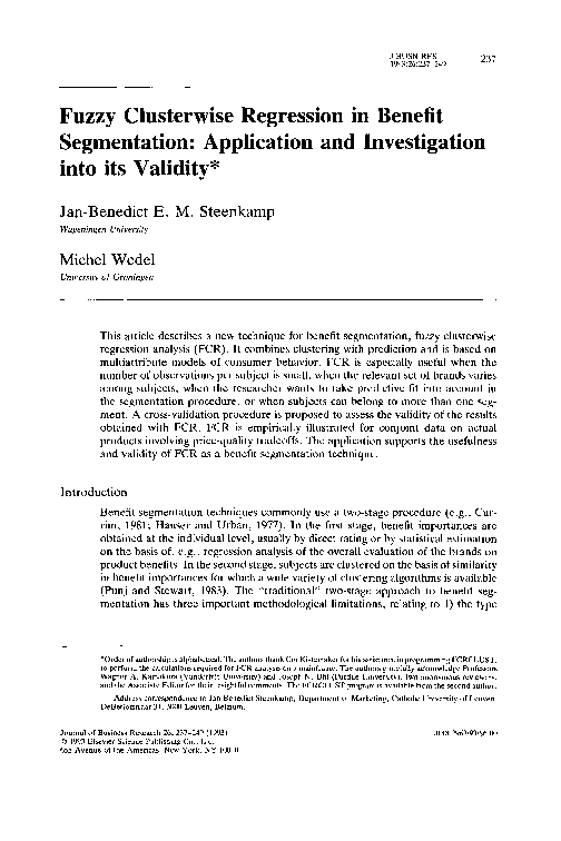 Pdf Fuzzy Clusterwise Regression For Benefit Segmentation 3759