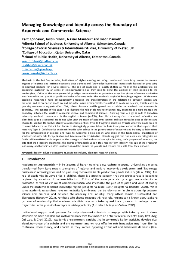 (PDF) Managing Knowledge and Identity across the Boundary of Academic and Commercial Science