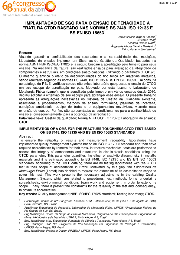 (PDF) Implementation of a qms for the fracture toughness CTOD test ...