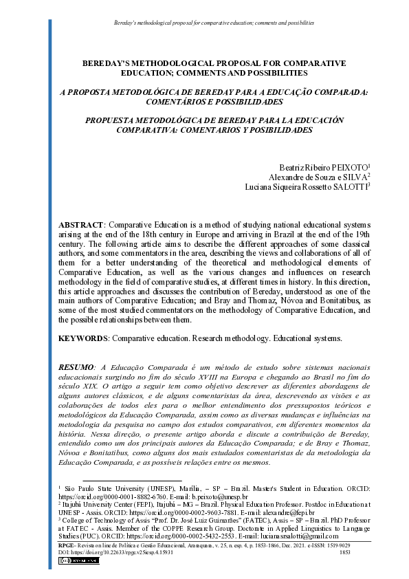 (PDF) A proposta metodológica de Bereday para a educação comparada ...