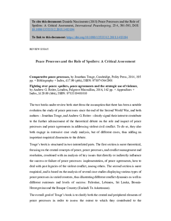 (PDF) Peace Processes and the Role of Spoilers: A Critical Assessment