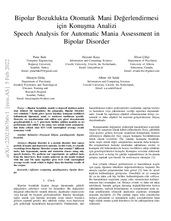 (PDF) Speech Analysis for Automatic Mania Assessment in Bipolar Disorder